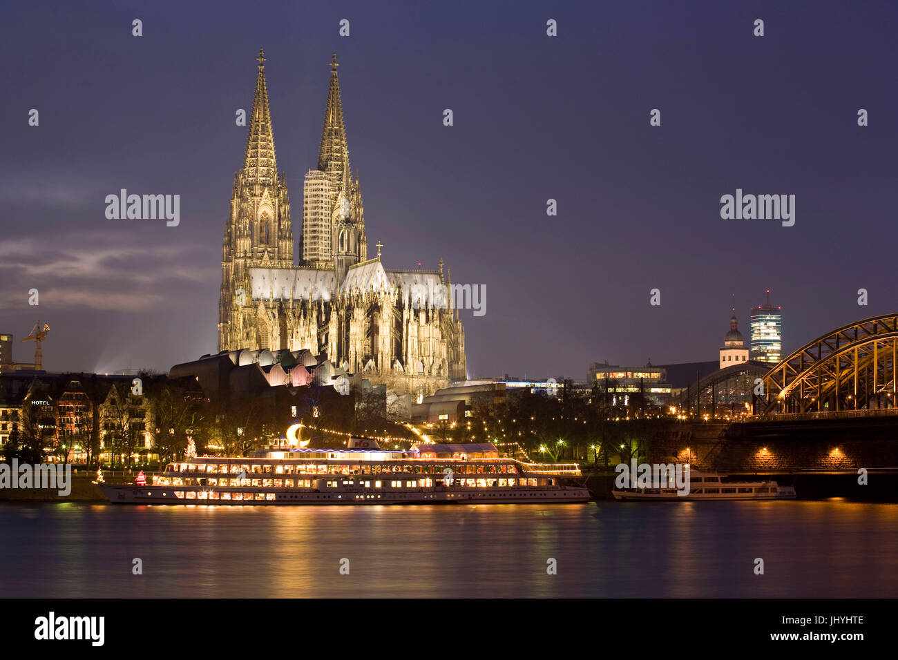 Germany, Cologne, ship in front of the cathedral, on the ship is a ...