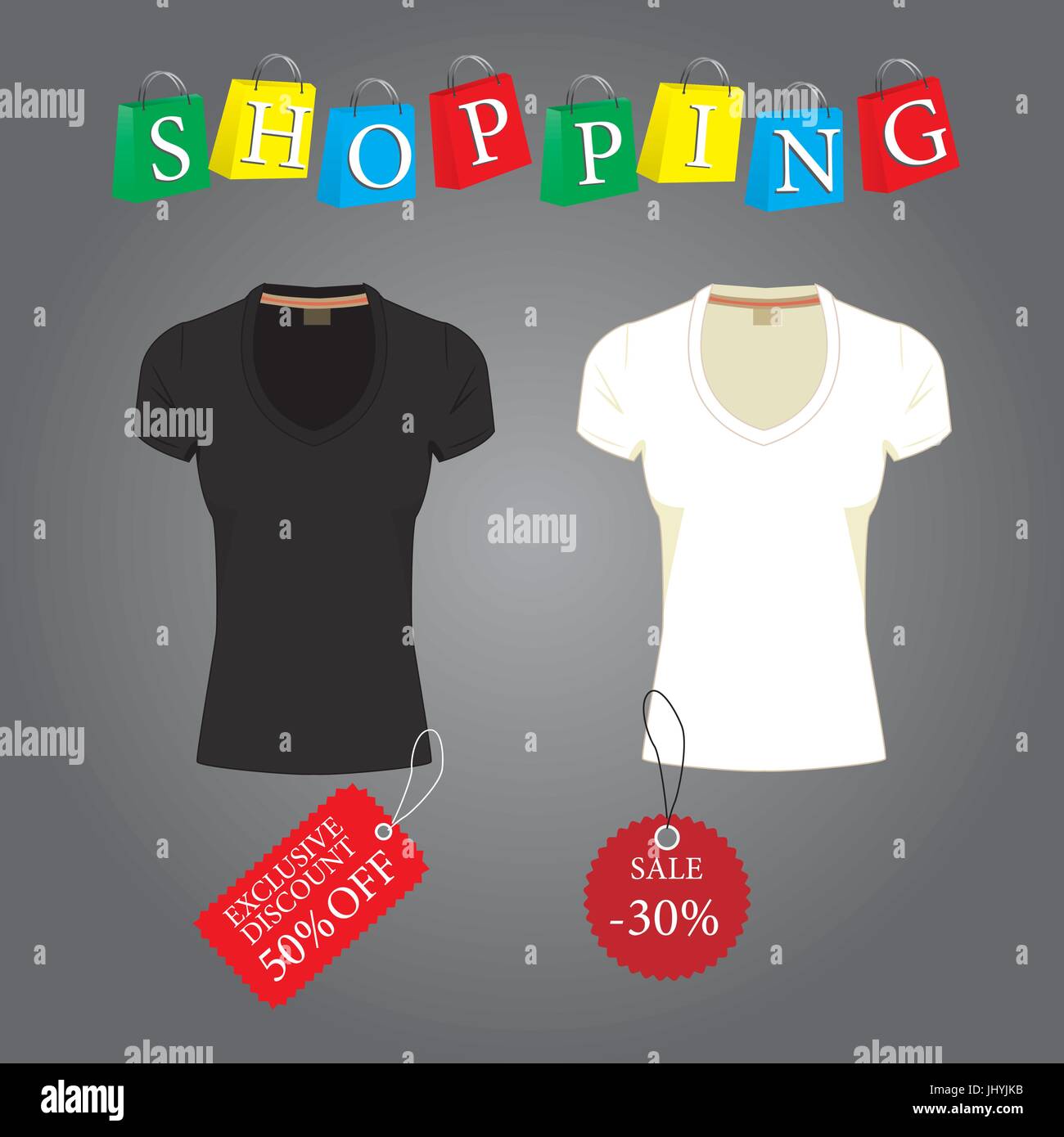 Black and white T-shirt with labels, paper bags with the word shopping ...