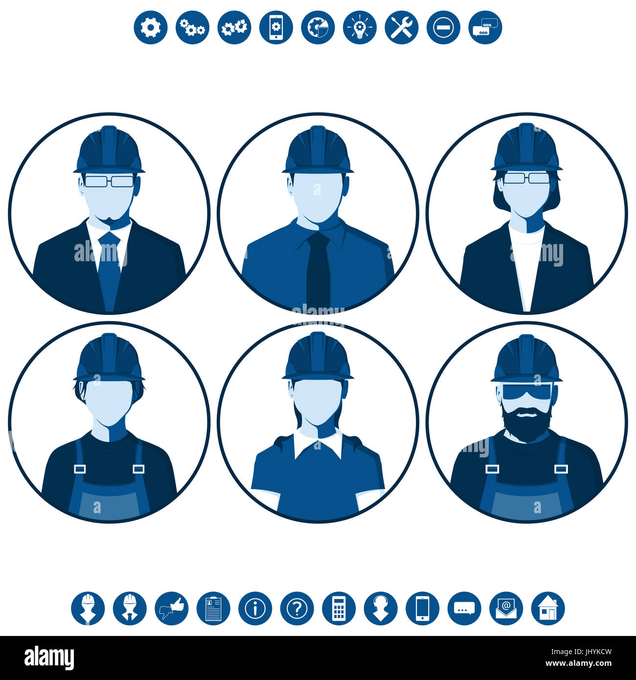 Flat silhouettes of construction workers. Round icons with male and ...