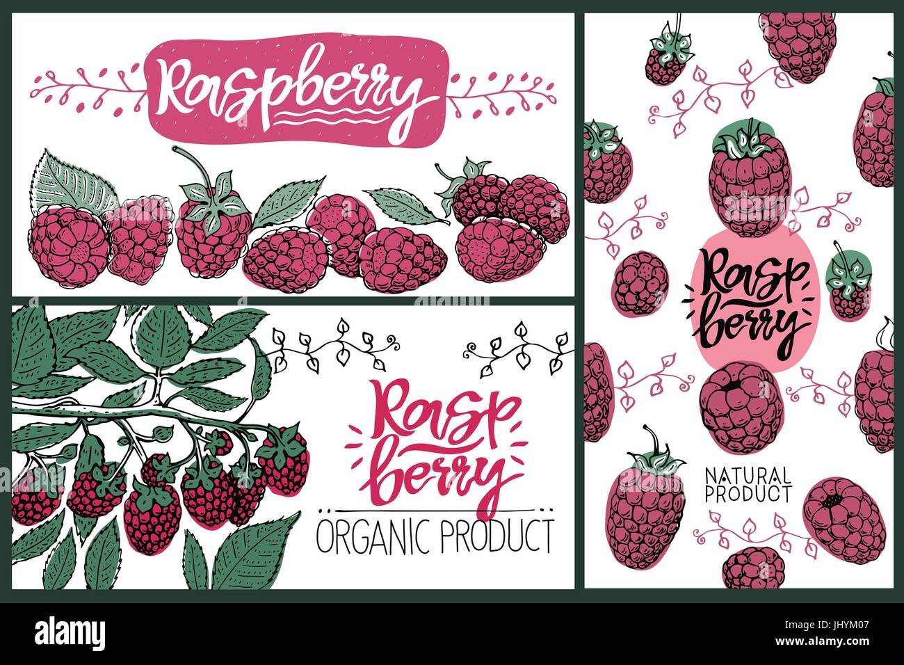 Raspberry party. Set of cute creative card templates with raspberry ...