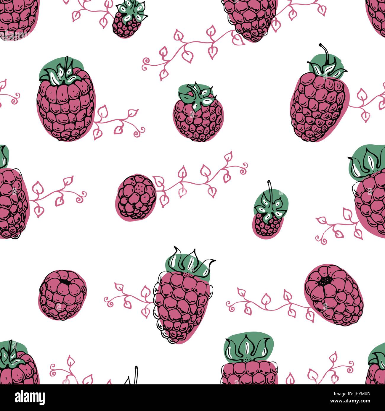 Raspberry Seamless pattern. Hand Drawn cute vector backgrounds for cafe ...