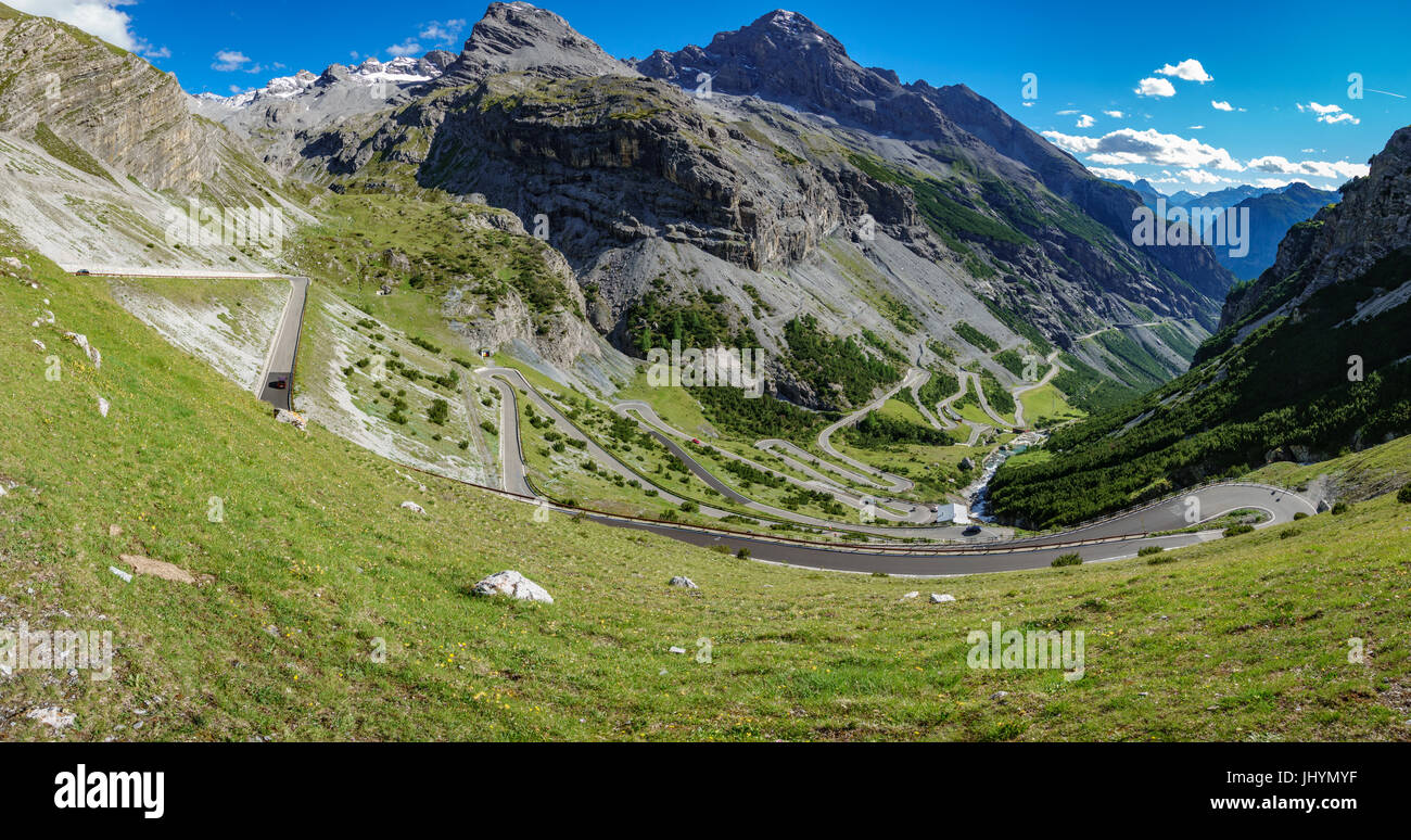 View of serpentine road of Stelvio Pass from Bormio Stock Photo - Alamy