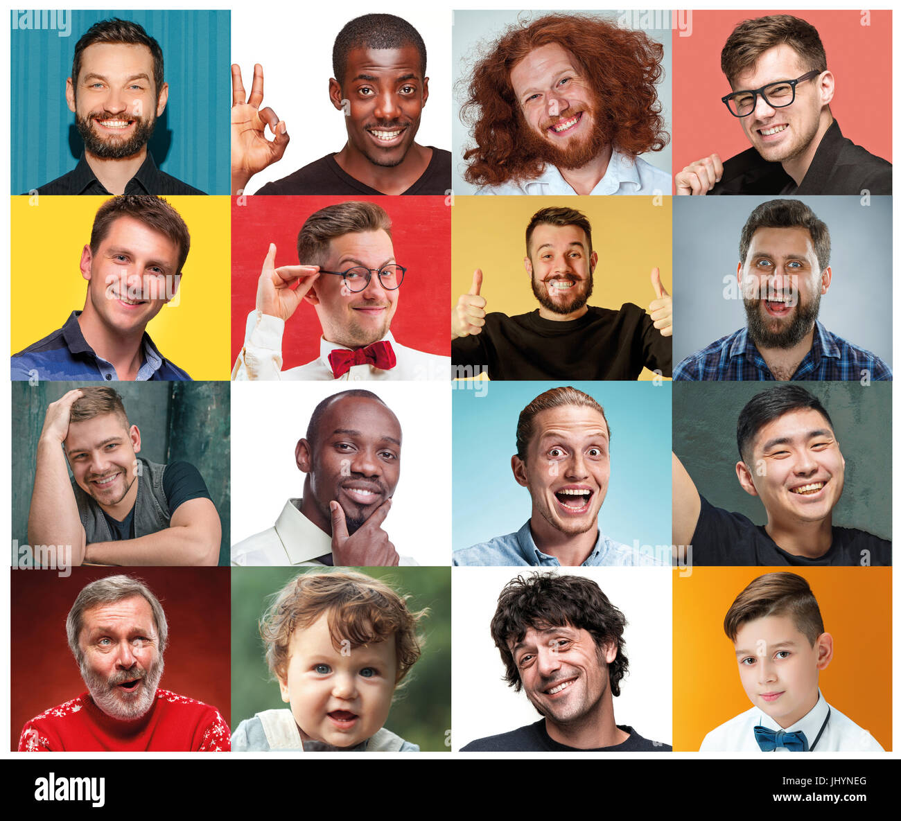 The collage from portraits of women with smiling facial expression ...