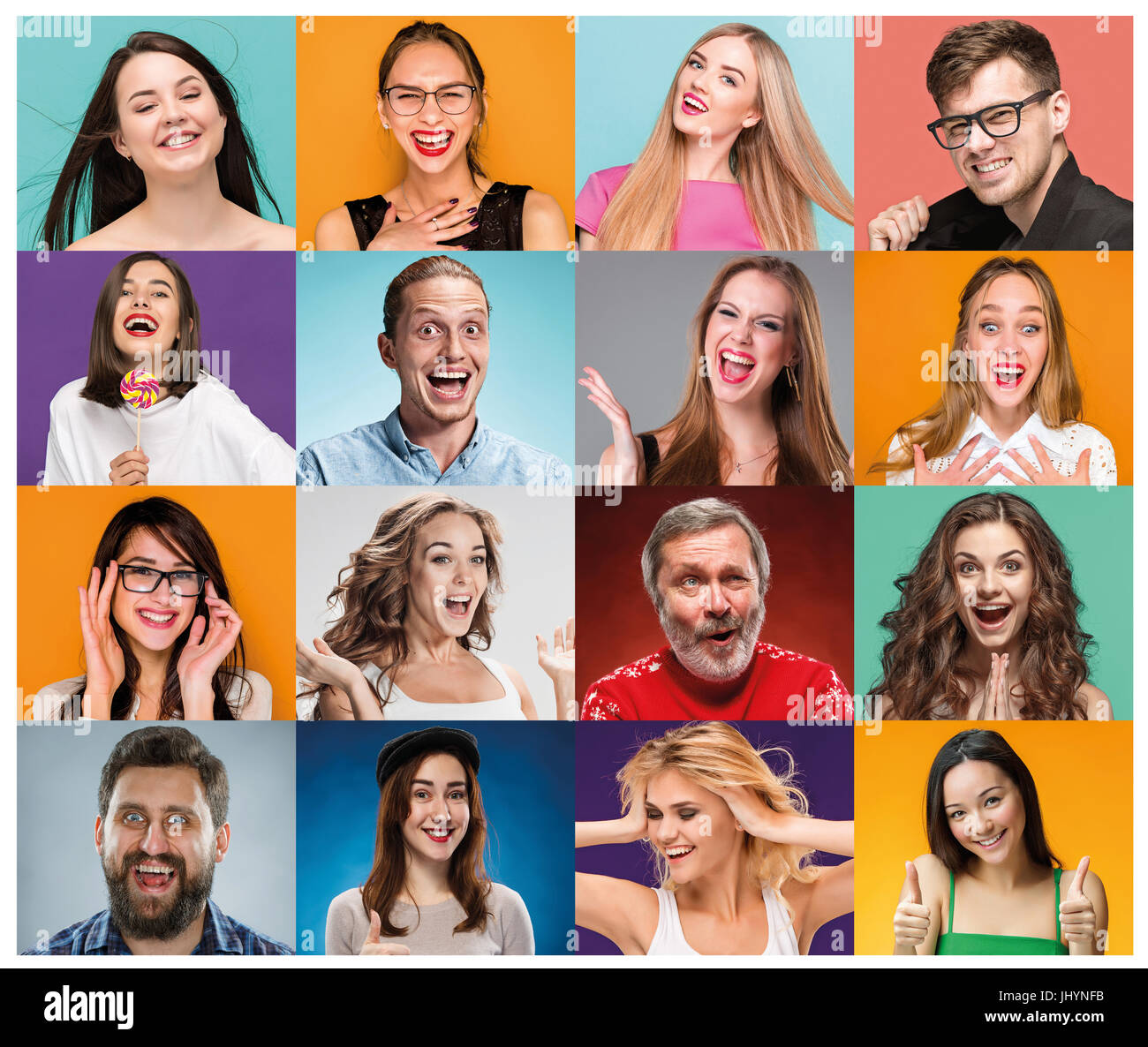 The collage from portraits of women with smiling facial expression ...