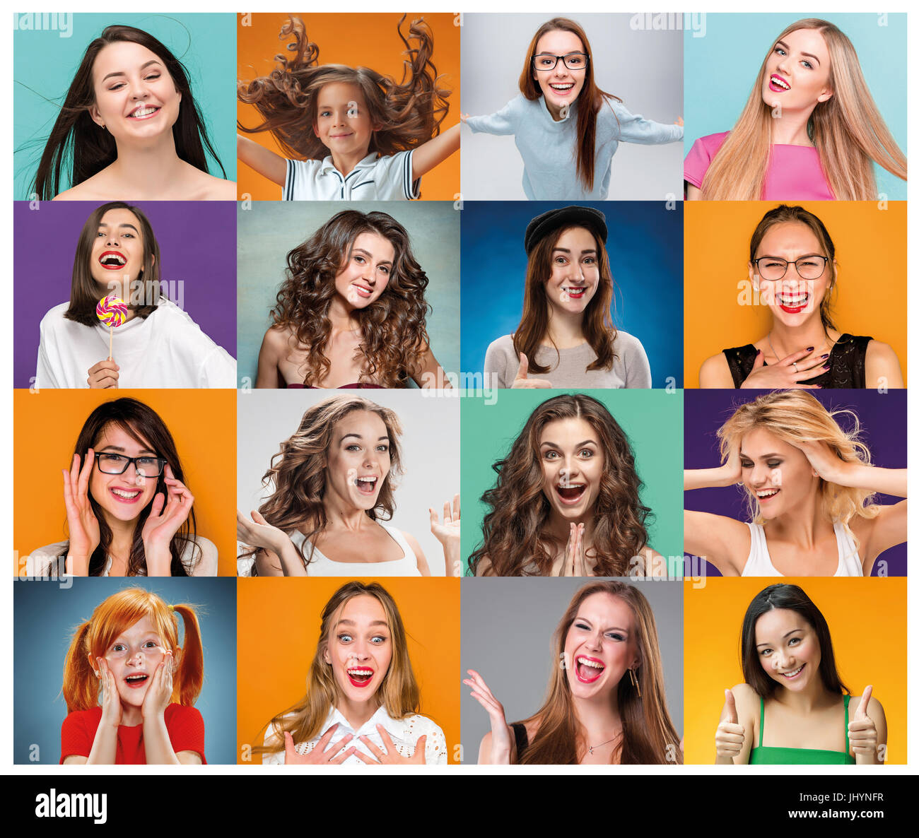 The collage from portraits of women with smiling facial expression ...