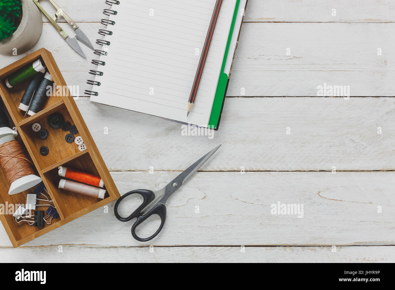 Top view accessories tailor concept.Tailored tools is cutting scissors ...