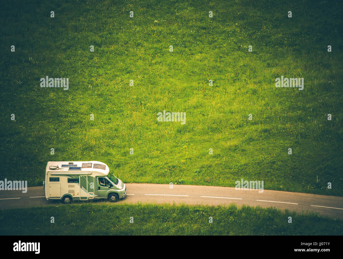 Motorhome Camper Van Travel. Class C RV on the Countryside Road. Aerial ...