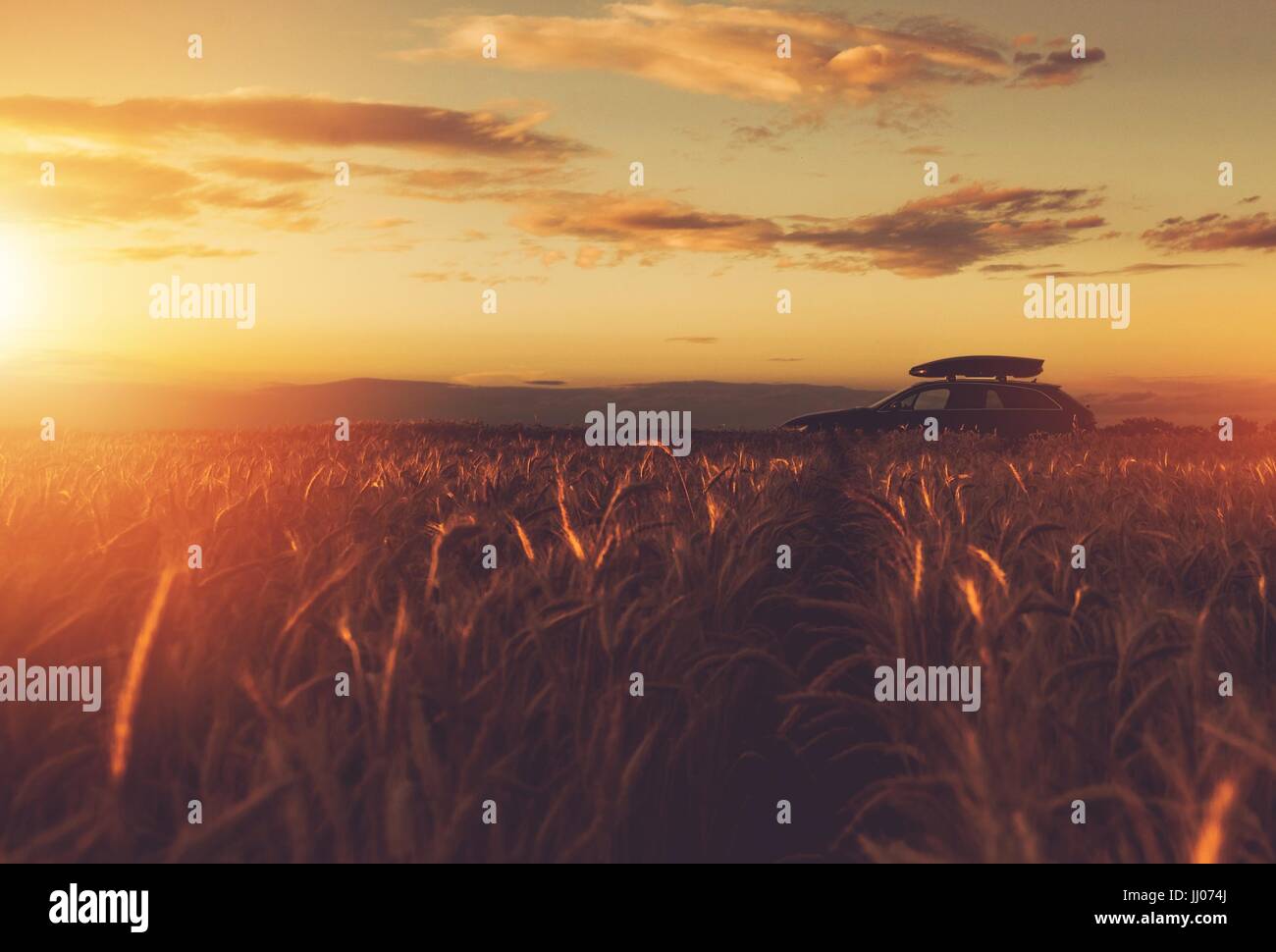 Summer Countryside Getaway. Traveling Car with Roof Top Cargo Between ...