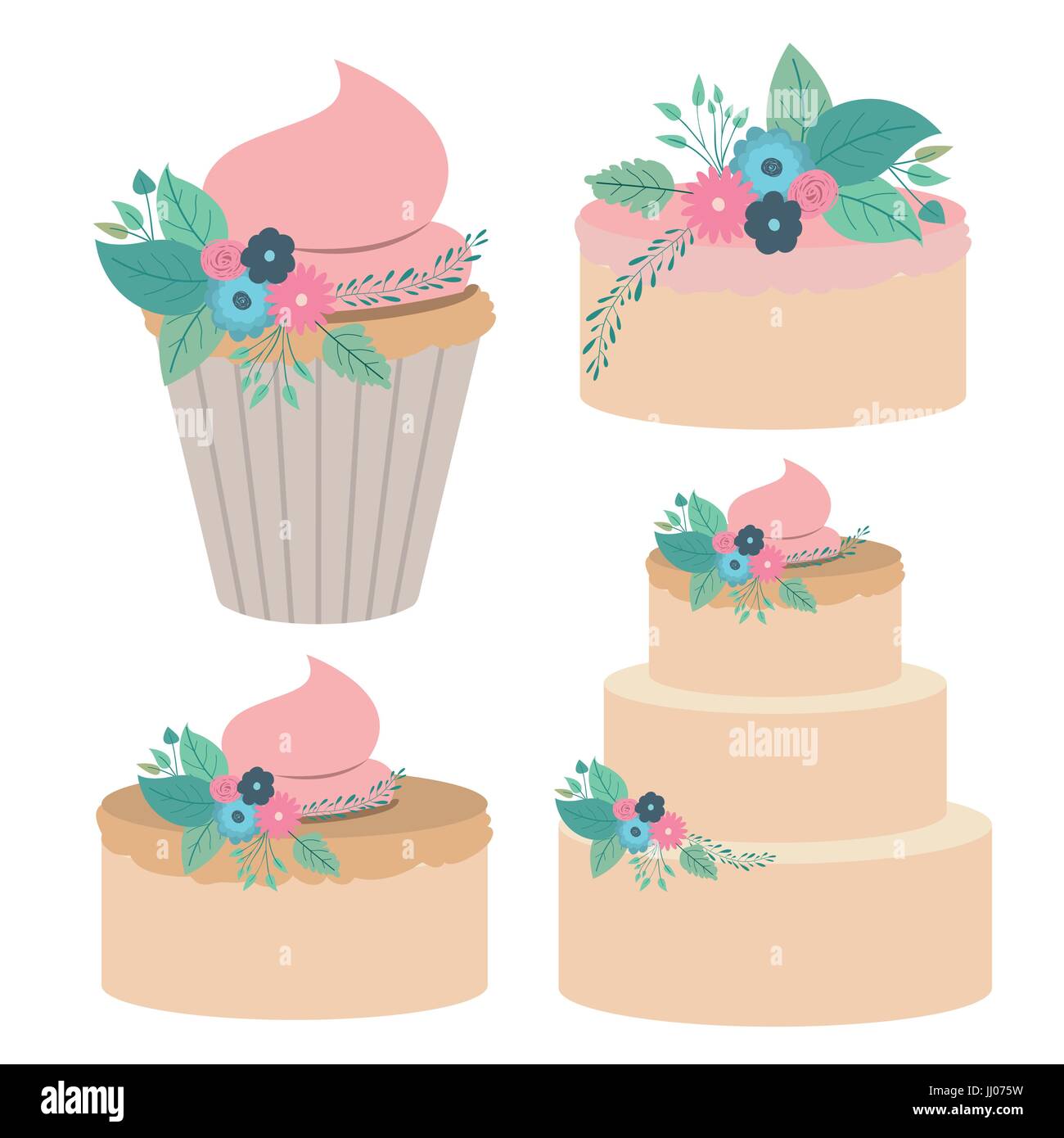 white background with colorful set cakes and cupcakes Stock Vector ...
