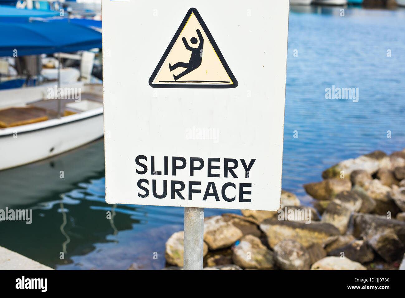 Warning: Slippery Surface sign Stock Photo - Alamy
