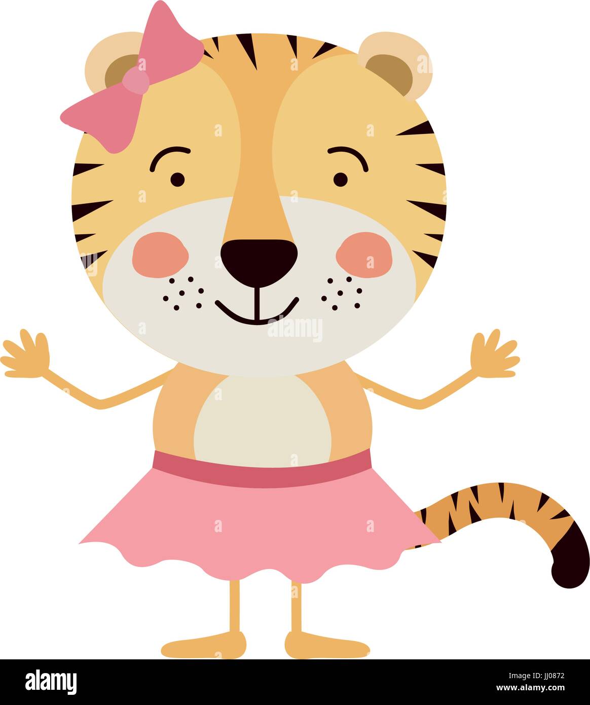 colorful caricature of cute smile expression female tigress in skirt ...