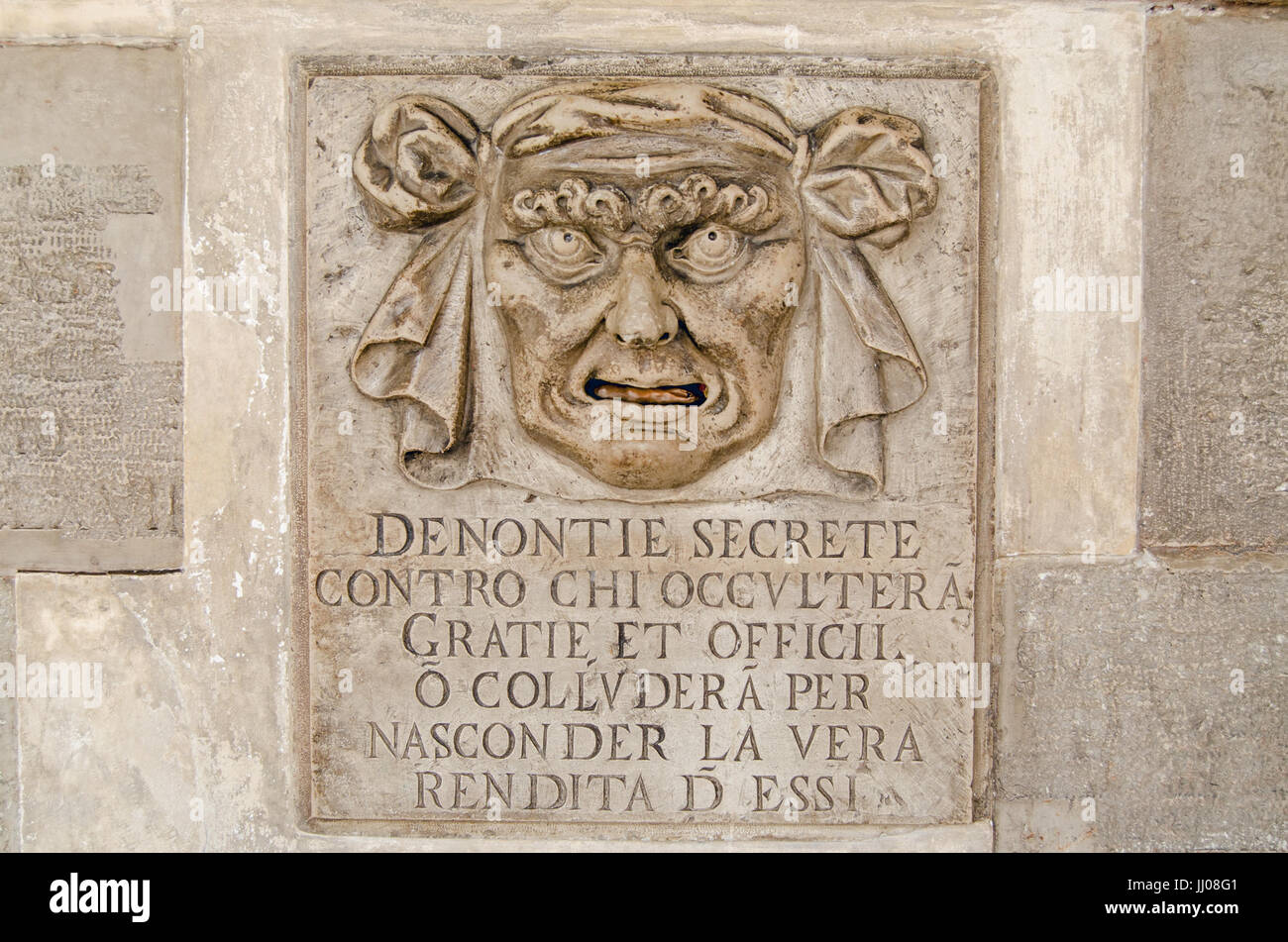 Renaissance stone letterbox on the exterior wall of the Doge's Palace ...
