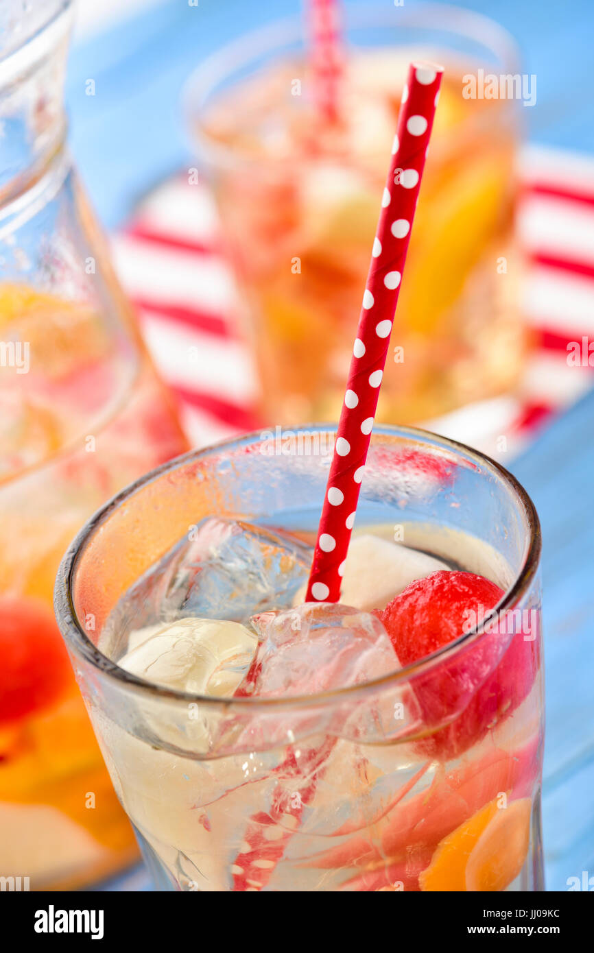 closeup of a pitcher and some glasses with refreshing spanish sangria ...