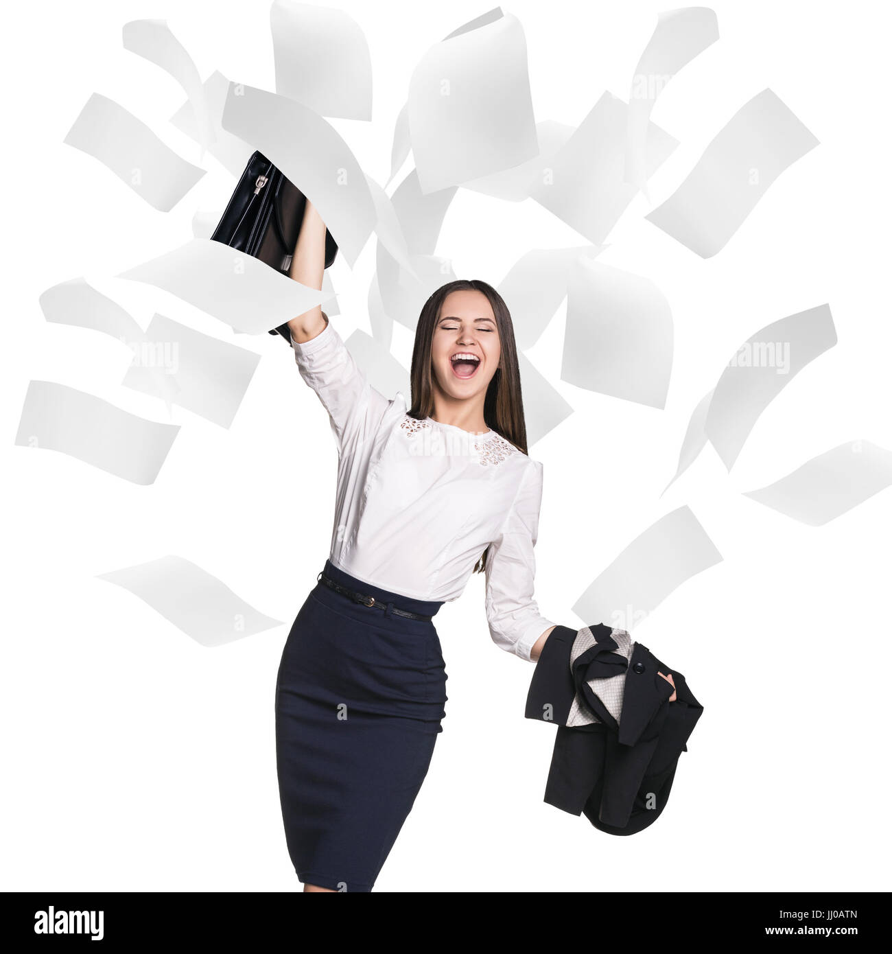 Young business woman under falling pages Stock Photo - Alamy