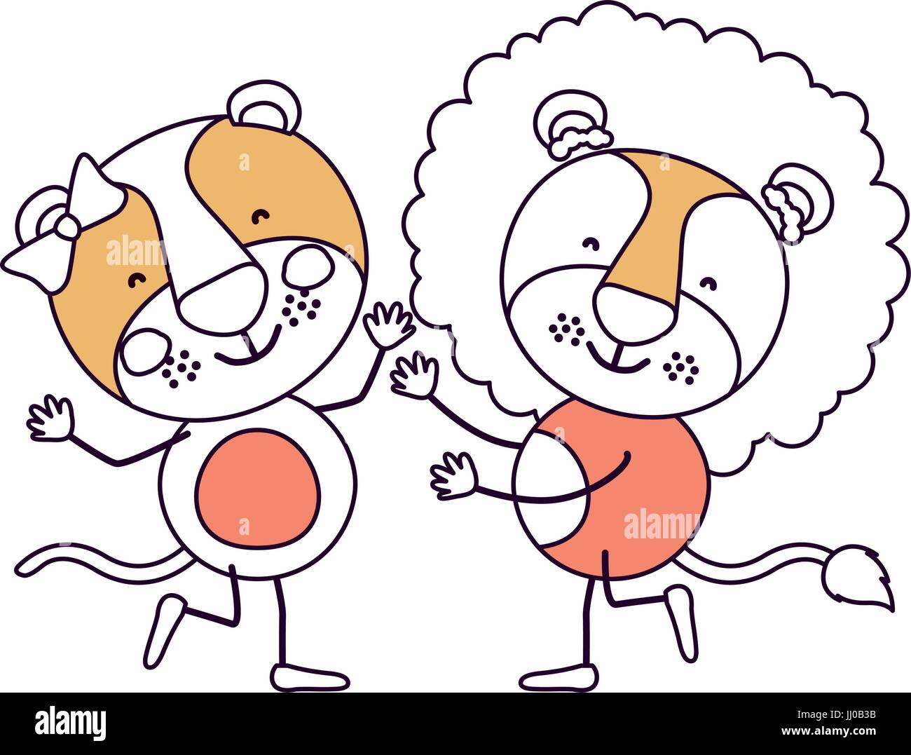 silhouette color sections caricature with couple of lioness and lion ...