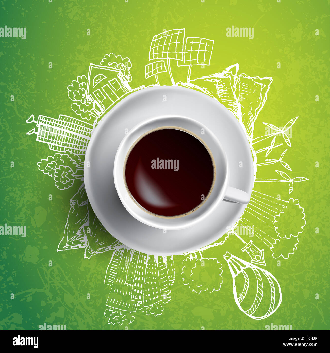 Green tea with circle ecology doodles. Sketched eco elements with cup ...