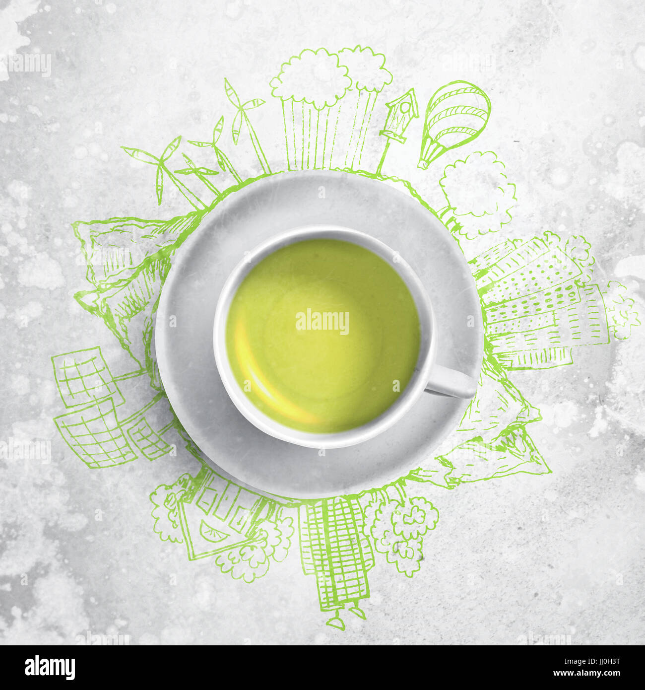 Green tea with circle ecology doodles. Sketched eco elements with cup ...