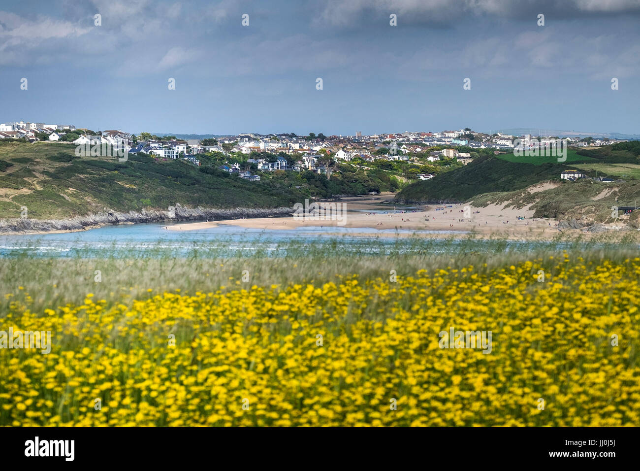 Crantock Beach and the town of Newquay seen from West Pentire Headland ...