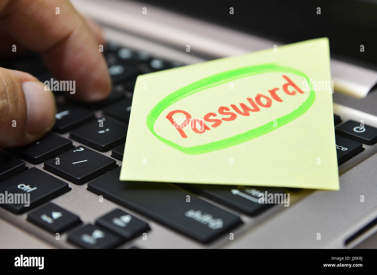 Password written on yellow note on black keyboard Stock Photo - Alamy