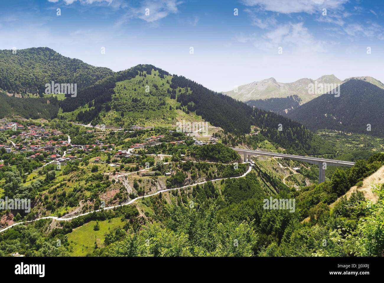 Aerial view of Metsovo tourist resort and mountains at a summer sunny ...