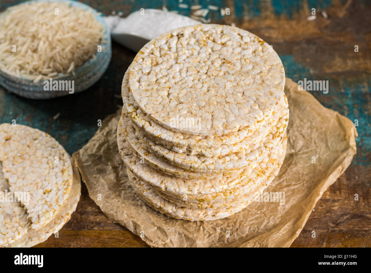 Healthy puffed rice cakes crackers stacked with sea salt close up Stock ...