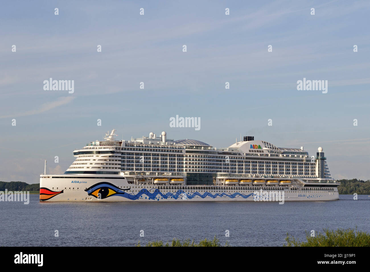 cruise ship Aida Prima on river Elbe near Luehe, Altes Land, Lower ...