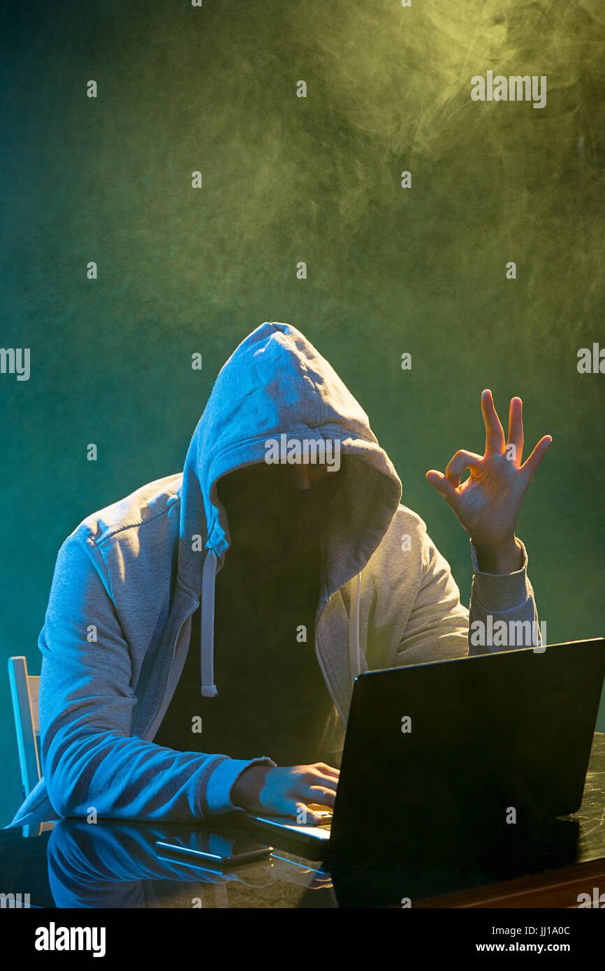 Hooded computer hacker stealing information with laptop Stock Photo - Alamy Hooded computer hacker stealing information with laptop Stock Photo - Alamy