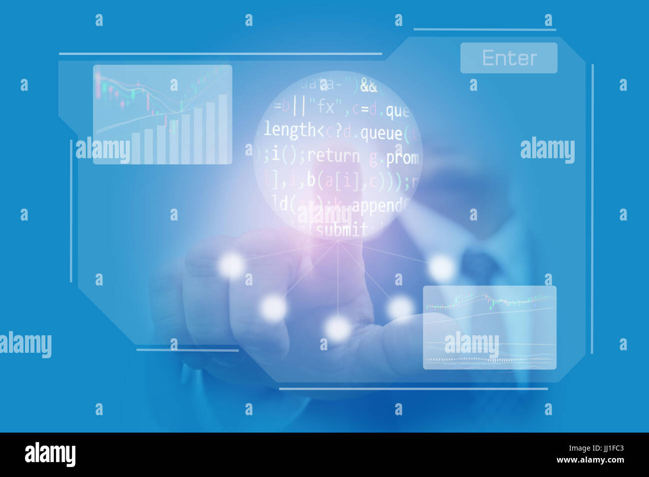 Hand of businessman click on virtual blue touchscreen. Hand pressing ...