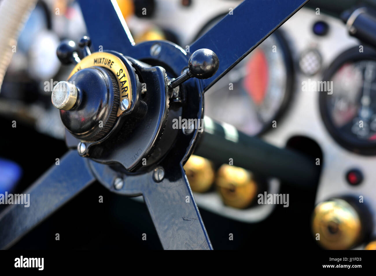 The steering wheel on a classic car at the Goodwood racing circuit in ...