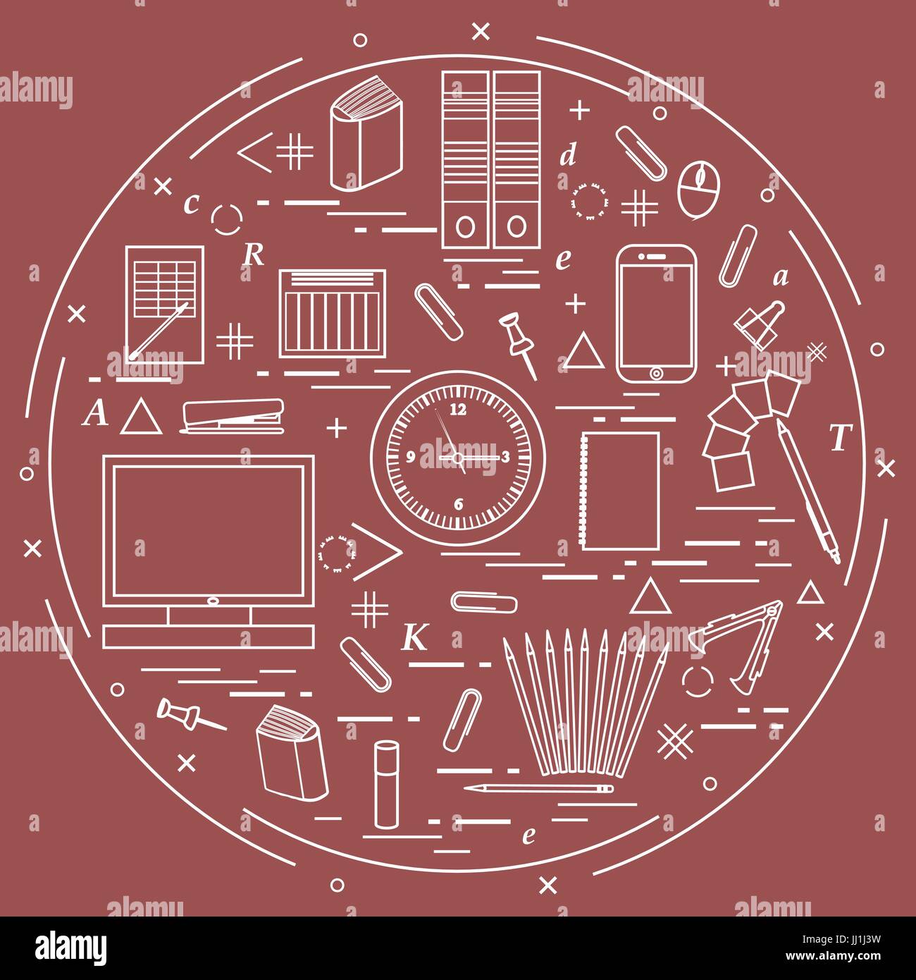 Set of different office objects arranged in a circle. Including icons ...