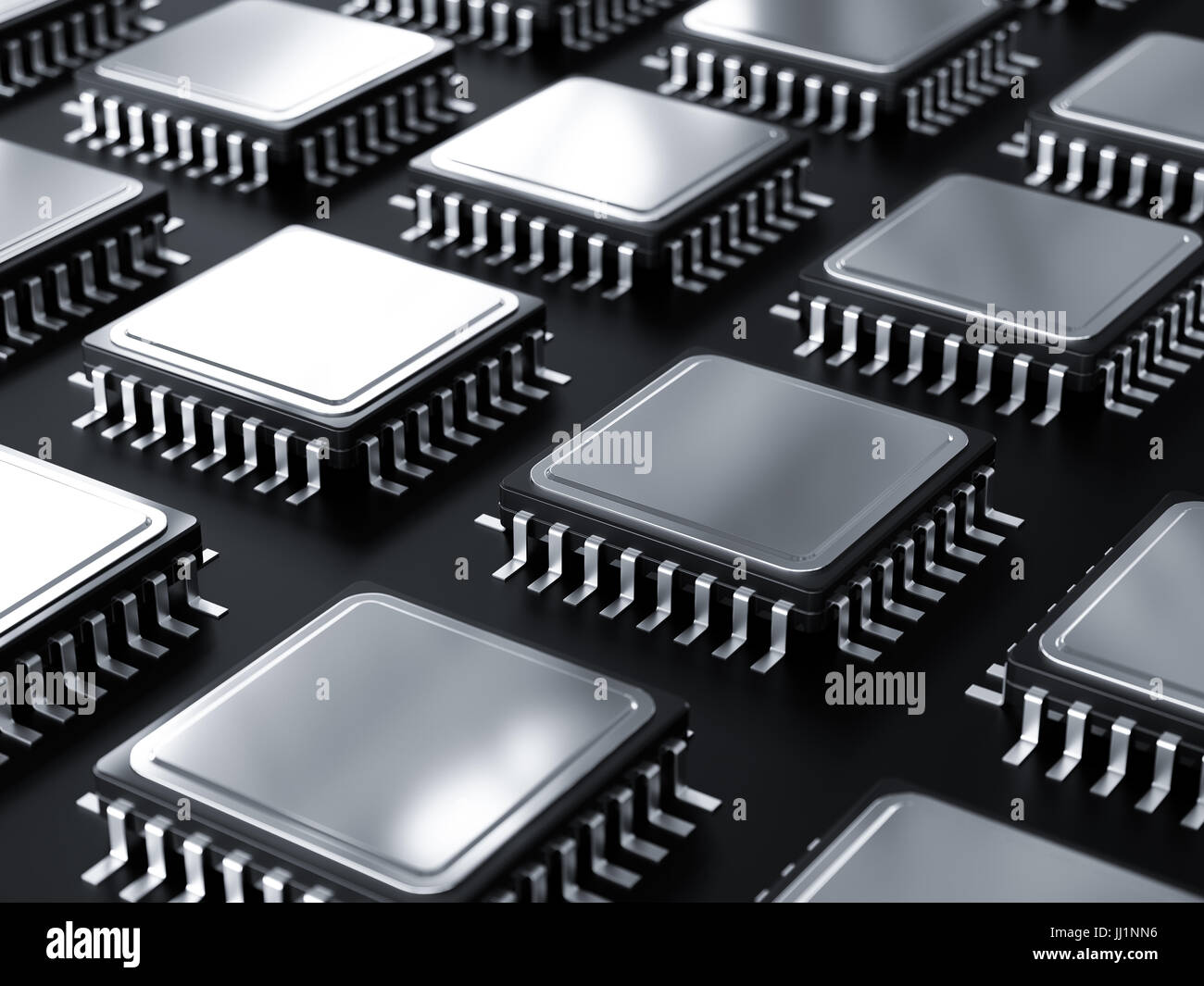 Computer processor raw isolated on black base plate. 3d rendering ...