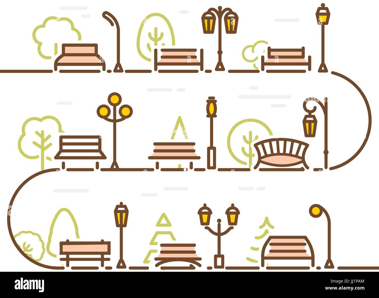 Linear abstract street with park elements. Forest tree, park bench and ...