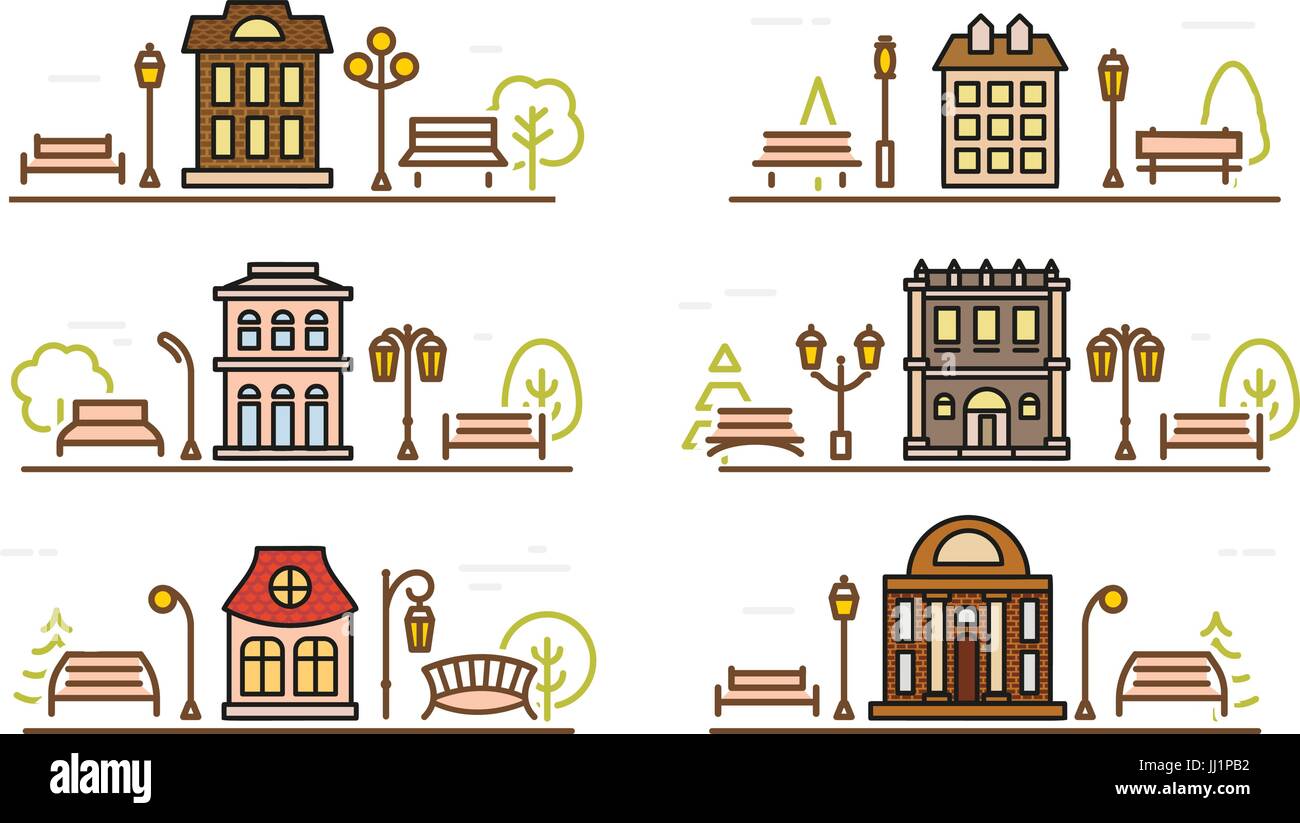 Cartoon drawing coloring facade and adjacent parks. Outline stylized ...