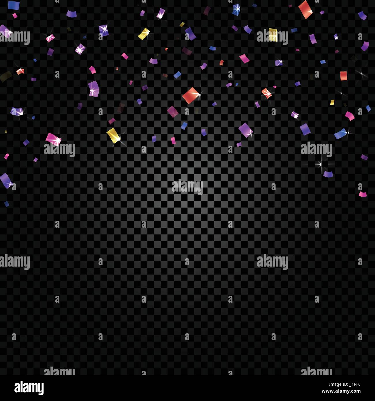 Colorful confetti falling and ribbons on black transparent background ...