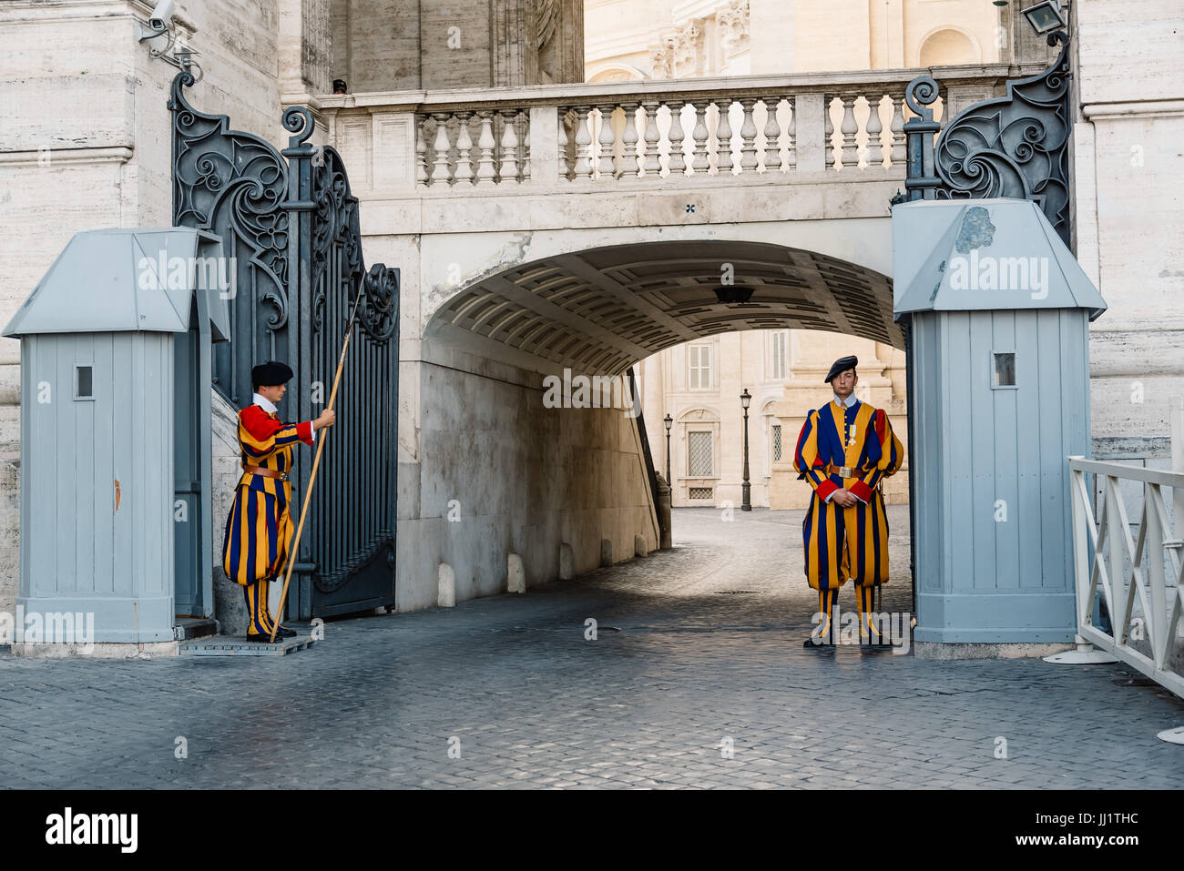 Rome, Italy - August 19, 2016: Papal Swiss guards standing at his post ...