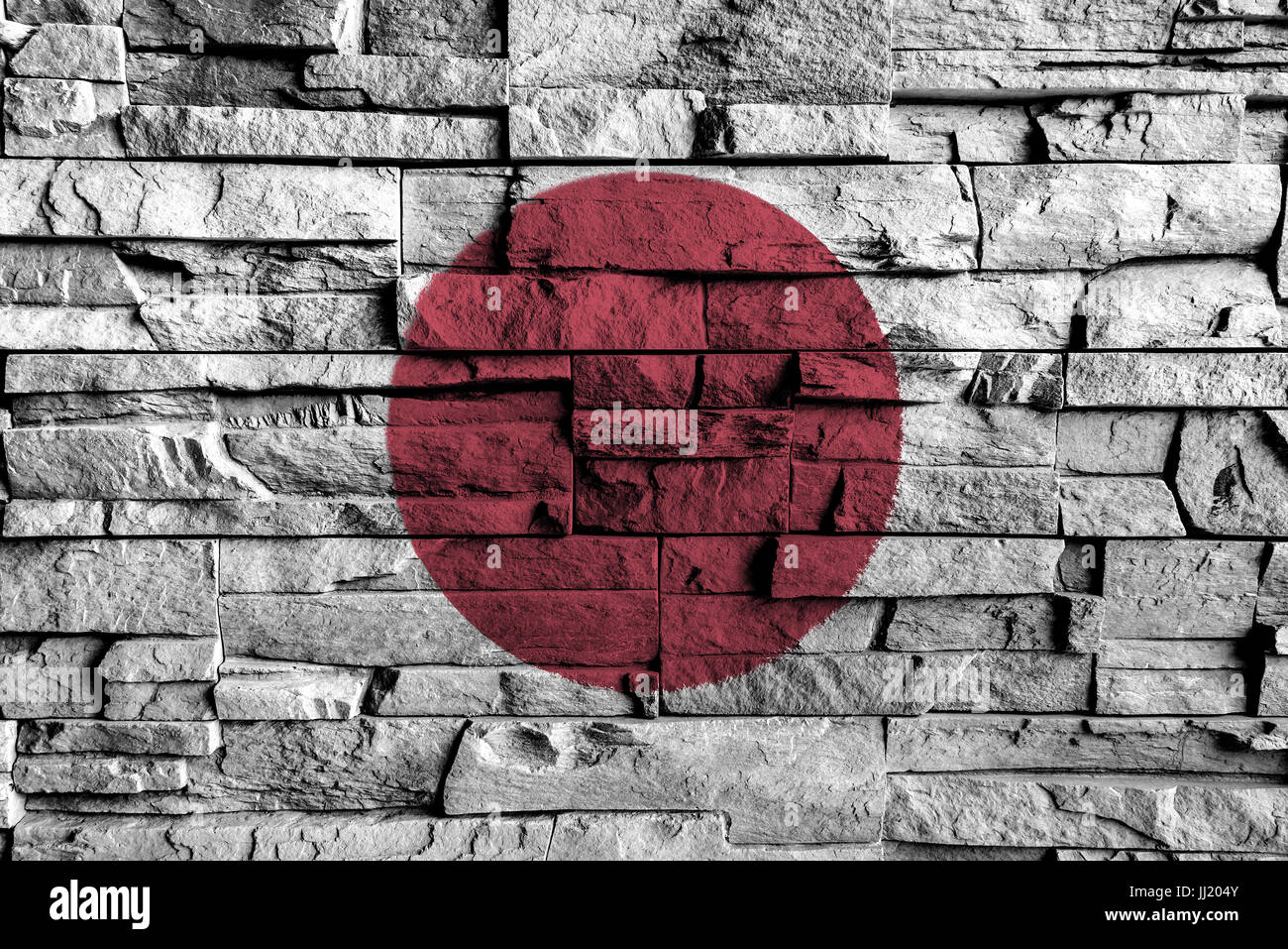 Japan flag painting on high detail of old brick wall . 3D illustration ...
