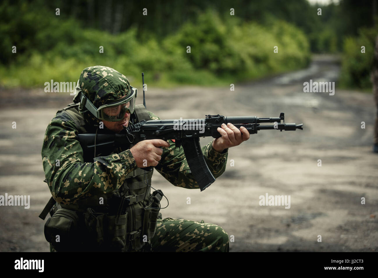 Soldier on road among trees Stock Photo - Alamy