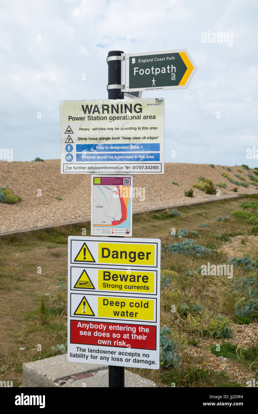Warning sign for nuclear power station operational area, Dungeness Kent ...