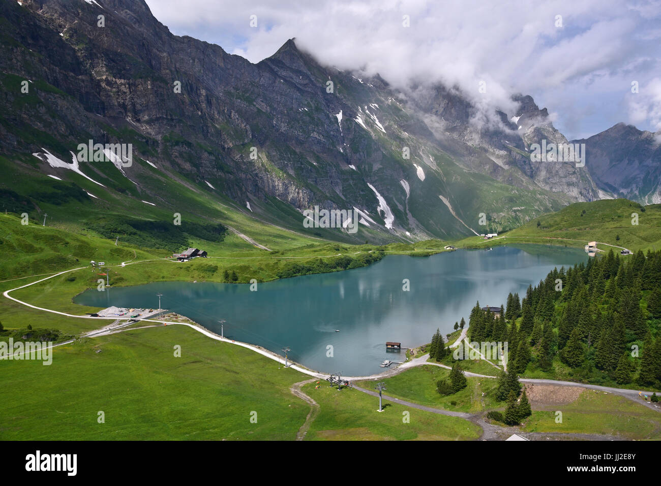 aerial view of the swiss village engelberg from cable car going to mt ...