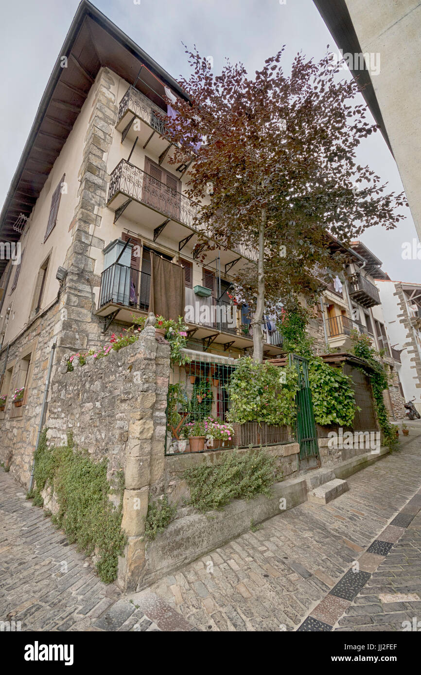 Stone house with a tree in a small garden in Hondarribia town ...