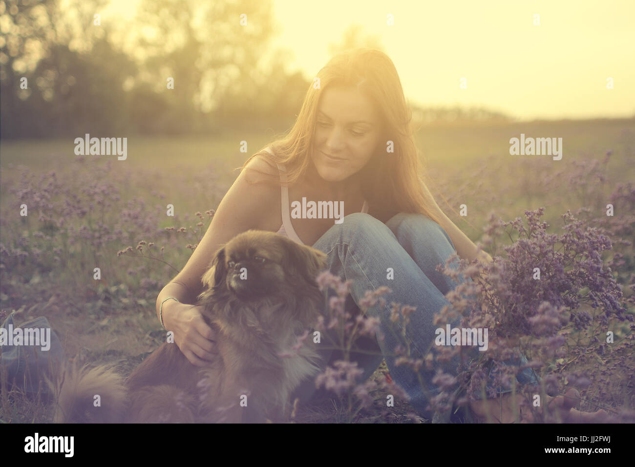 Beautiful woman with her dog in the nature Stock Photo - Alamy