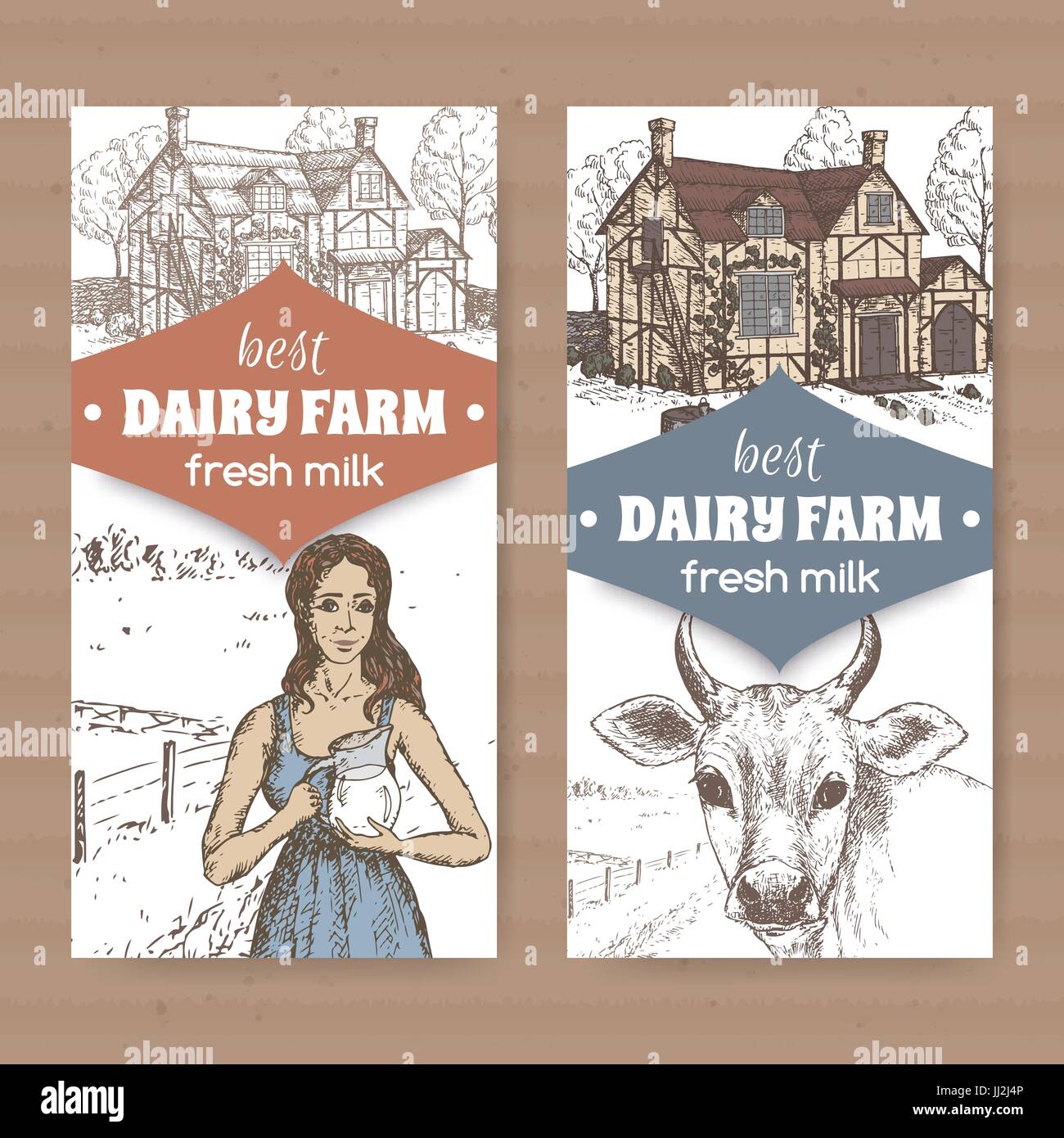 Two dairy color farm shop labels with farmhouse, milkmaid and cow on ...