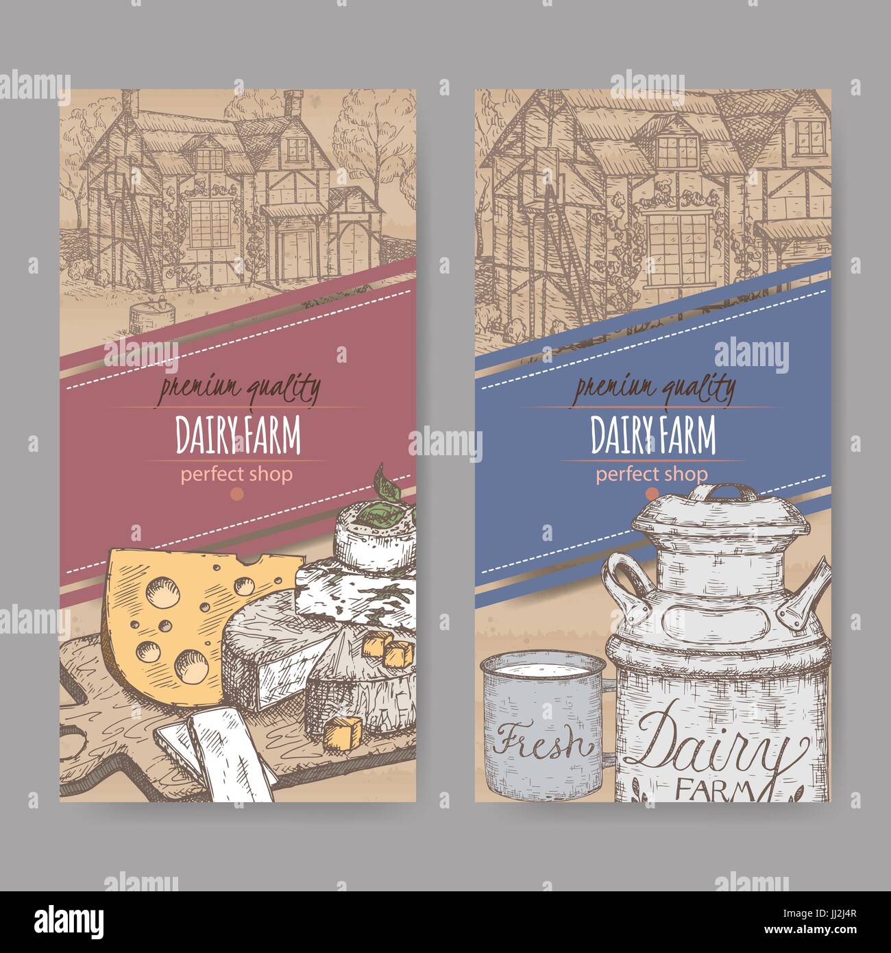 Two dairy farm shop labels with farmhouse, color milk can, mug and ...
