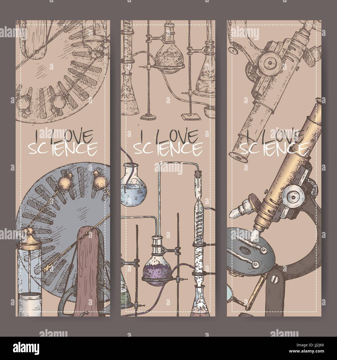 Three color banners with hand drawn science equipment sketch Stock ...