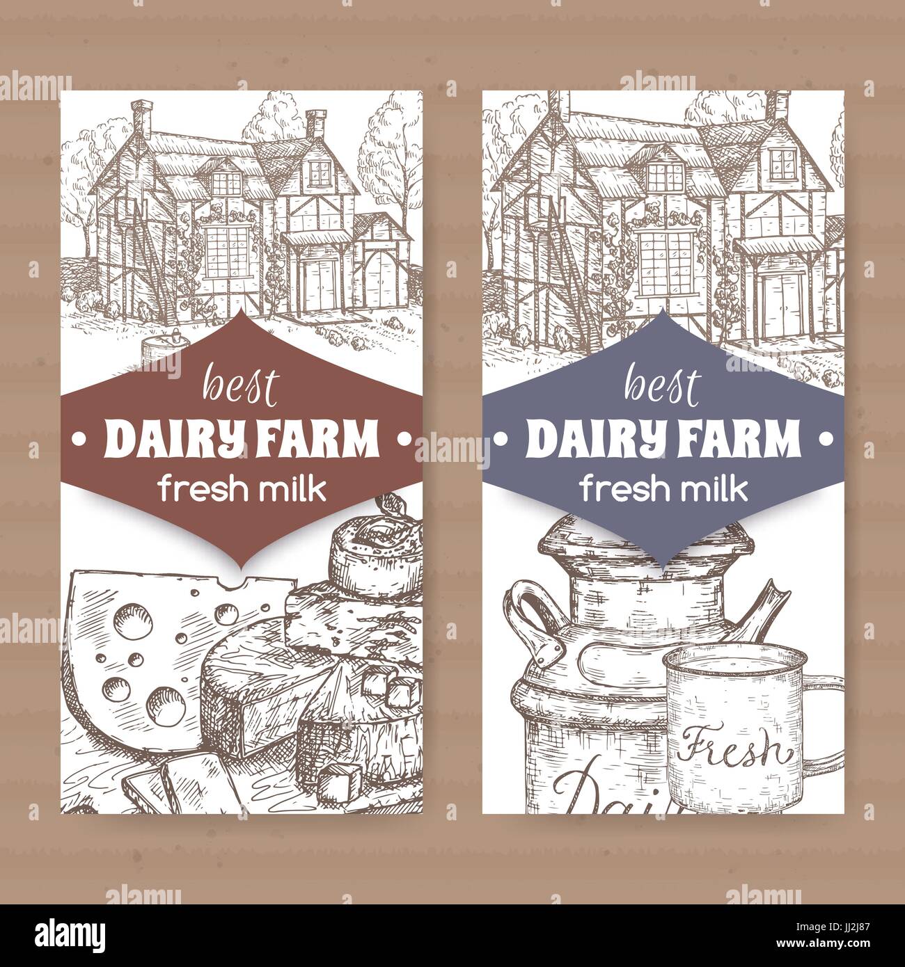 Two dairy farm shop labels with farmhouse, milk can, mug and cheese ...