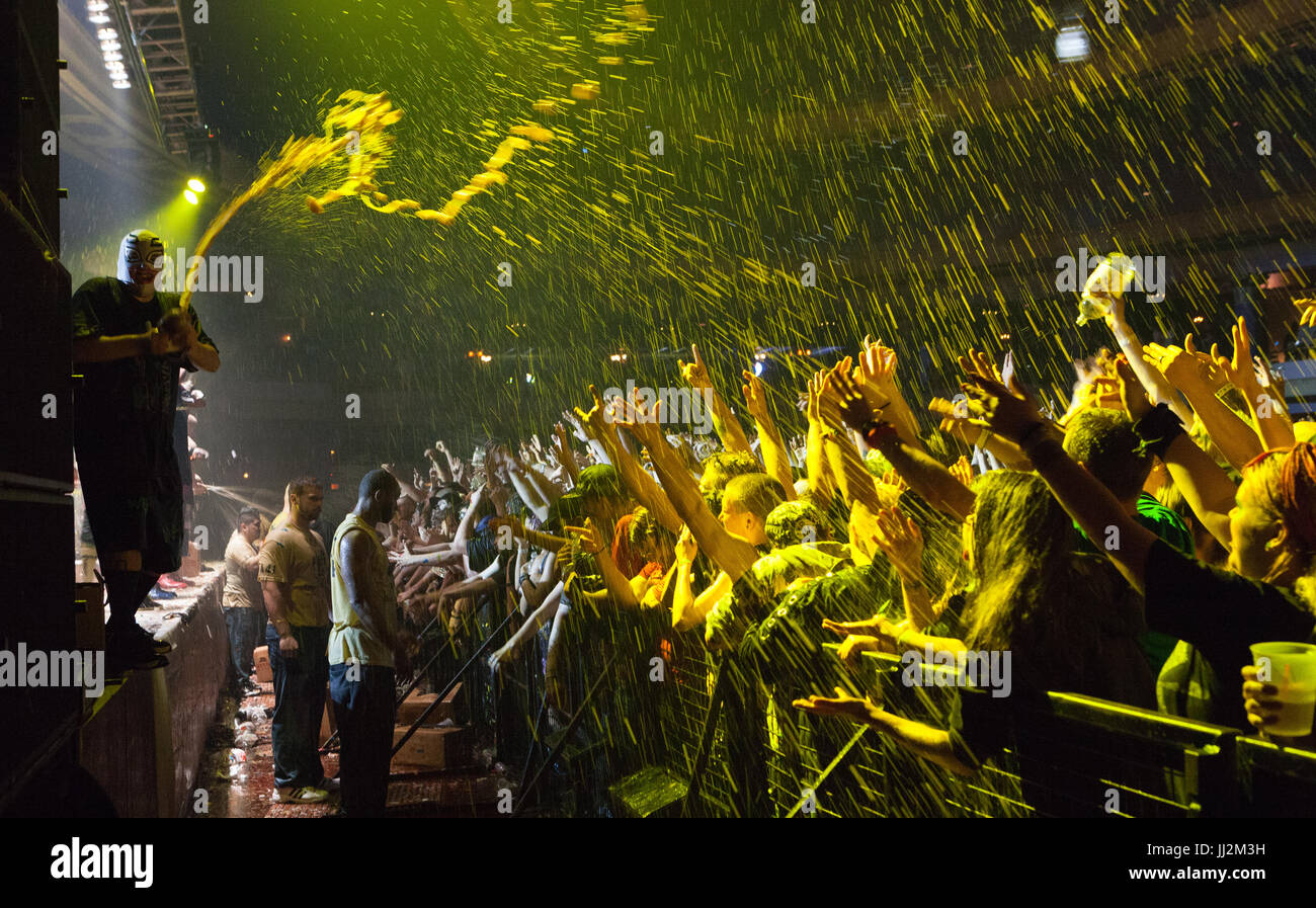 Insane Clown Posse dowsing their audience with Faygo soda at a concert ...