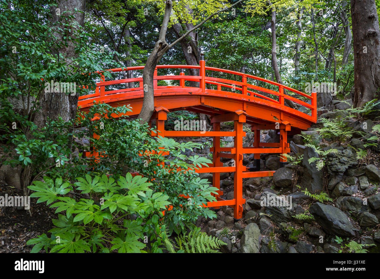 A red bridge at the Koishikawa Kōrakuen Gardens in Bunkyo, Tokyo, Japan ...