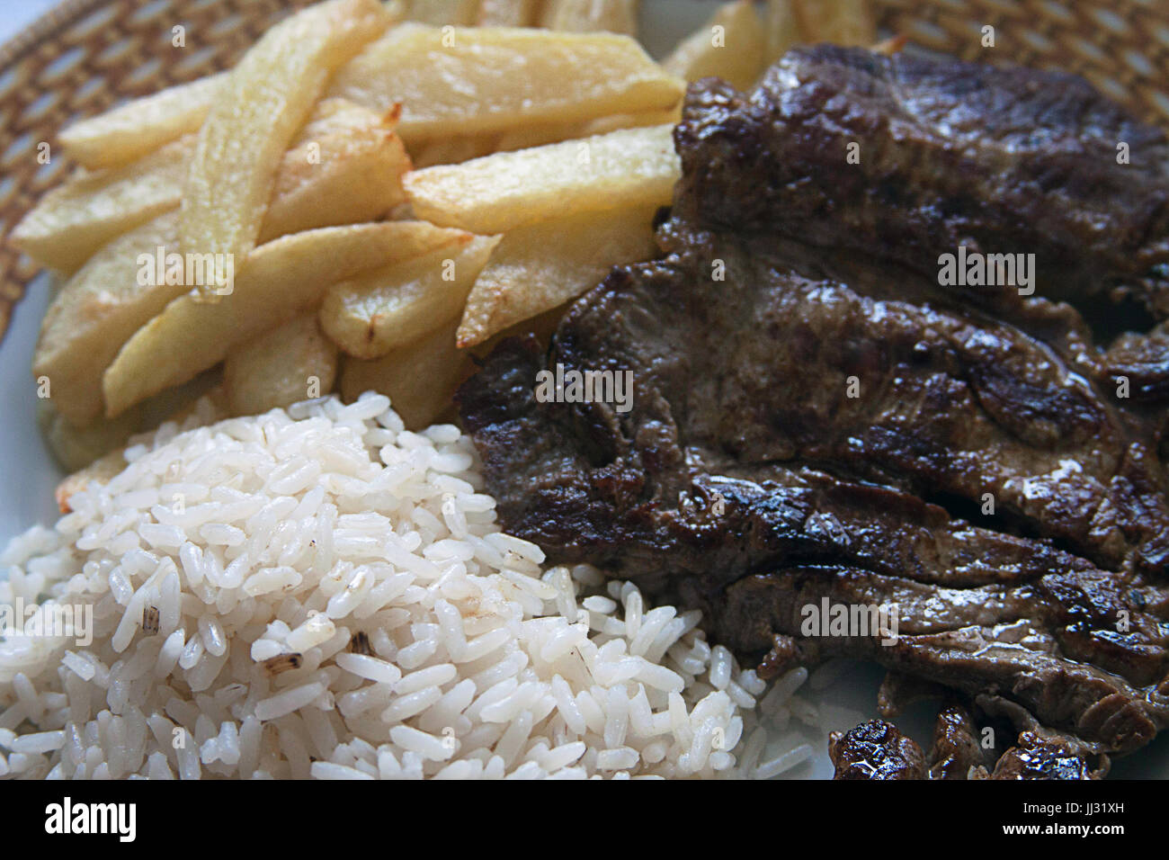 Homemade White Rice, Steak, French Fries Stock Photo - Alamy