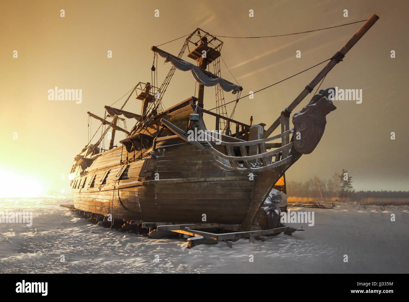 Vintage wooden sailing ship night on the snow in the field Stock Photo ...