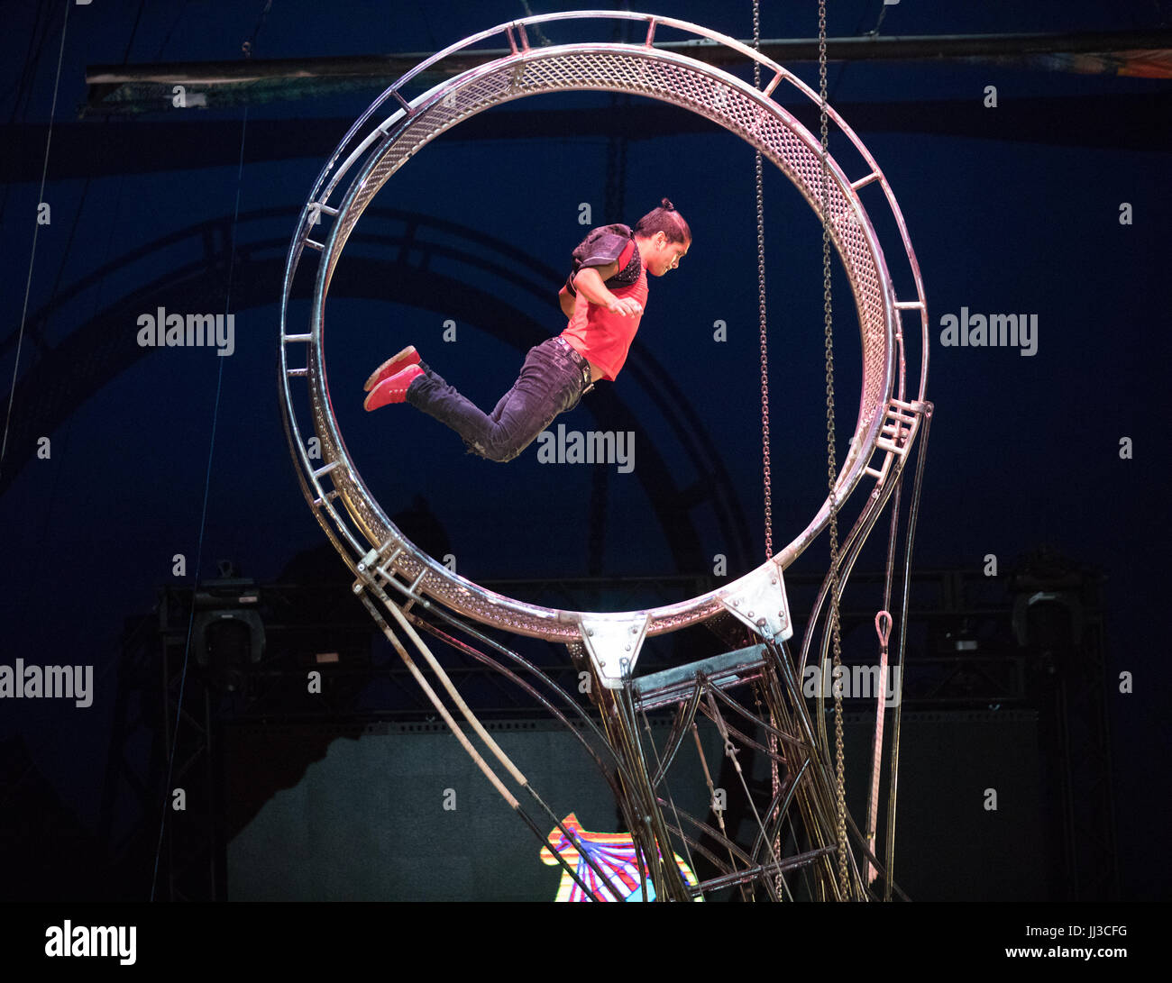Acrobats perform on the "Wheel of Death" with the UniverSoul Circus ...